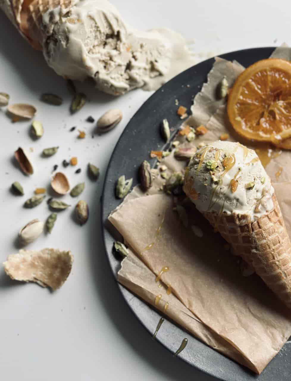Pistachio and Cardamom Ice Cream with Candied Orange - A pinch of Zest